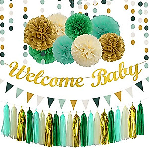 Sage-Green Beige-Gold Baby Shower Party-Decorations - 31pcs Kits Gender Neutral Boy Girl Welcome Baby Banner Flags,Tissue Paper Pom Poms,Tassel Streamers Garland Birthday Decor Panduola
