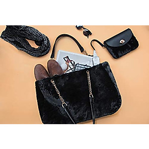 Fur Carryall Tote Bag with Wristlet Clutch Women Chain Shoulder Handbag (Black) Large