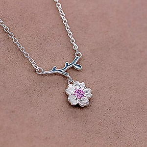 Uloveido Pink Cherry Flower Jewelry Set for Women - White Gold Plated Necklace and Earrings Set with Cubic Zirconia for Girls DT340