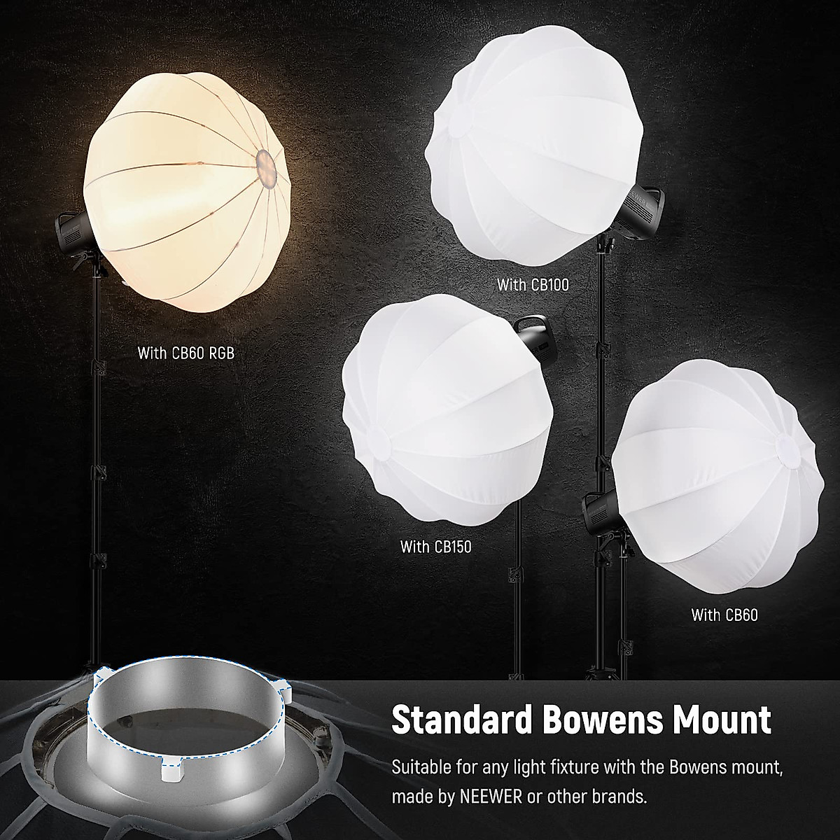 NEEWER 26"/65cm Lantern Softbox One Step Quick Release, 360° Light Diffuser with Skirt, Bowens Mount for Video Light CB60 CB100 CB150 Compatible with Aputure Light 600d Amaran 60x Godox SL60W, NS65L