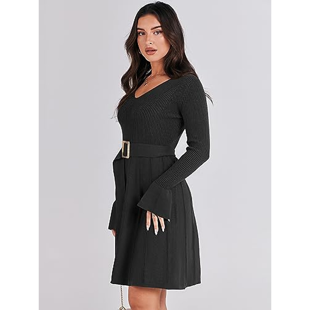 ANRABESS Sweater Dress for Women 2023 Fall Fashion Long Sleeve V Neck Tie Waist A-Line Pleated Swing Sexy Elegant Ribbed Knit Midi Formal Wedding Guest Dresses 1195heise-M Black