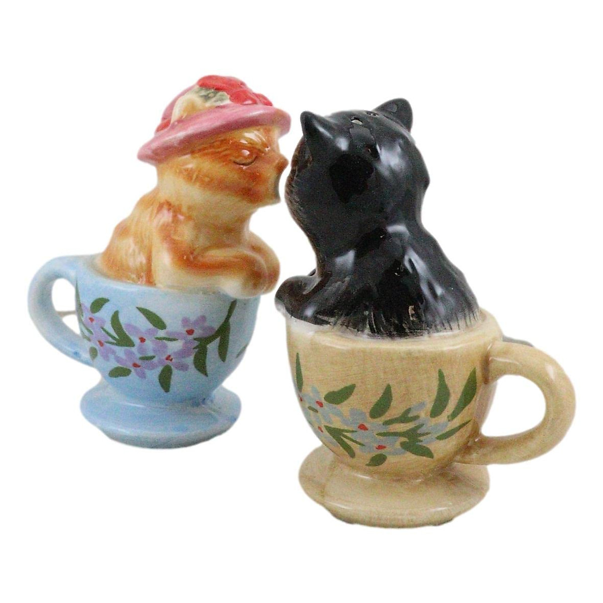 Ebros Ceramic Tabby And Tuxedo Black Kitty Cats In Teacups Kissing Salt And Pepper Shakers Set Valentines Tea Cup Cat Kittens Figurines Party Kitchen Tabletop Collectible Decorative Accents