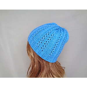 Womens Beanie Hat with Lace Design, Sky Blue, 100% Wool, Hand Knit Snug Cap, Teen Girls Skater Skullie
