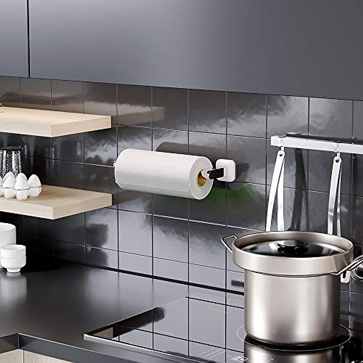 Laigoo Kitchen Paper Towel Holder Adhesive, Under Cabinet Paper Towel Holder Kitchen Tissue Holder Sticky Kitchen Towel Holder (Stainless Steel, White)