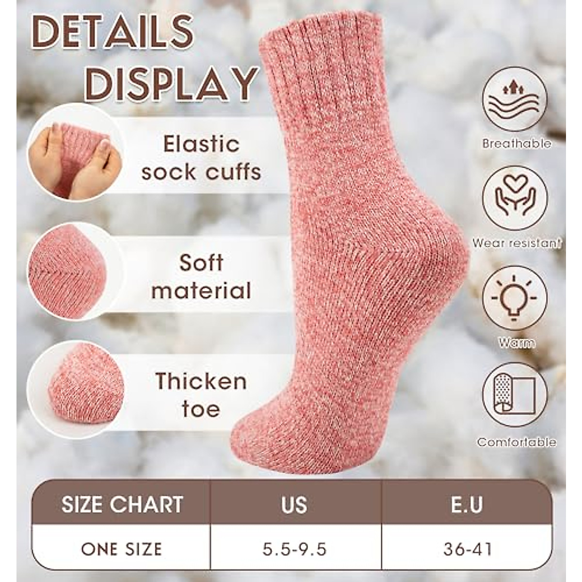 Pack of 5 Womens Thick Knit Warm Casual Wool Crew Winter Socks, Mixed Colors 1- 5 Pack,one size(fits shoe size 5-10)