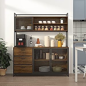 AIEGLE Large Kitchen Hutch Storage Cabinet, Pantry Cabinets with Hutch, Metal Frame Cupboard with Mesh Door, Drawer & Microwave Shelf, Freestanding Kitchen Storage, Brown (59" W x 15.7" D x 68.5" H)