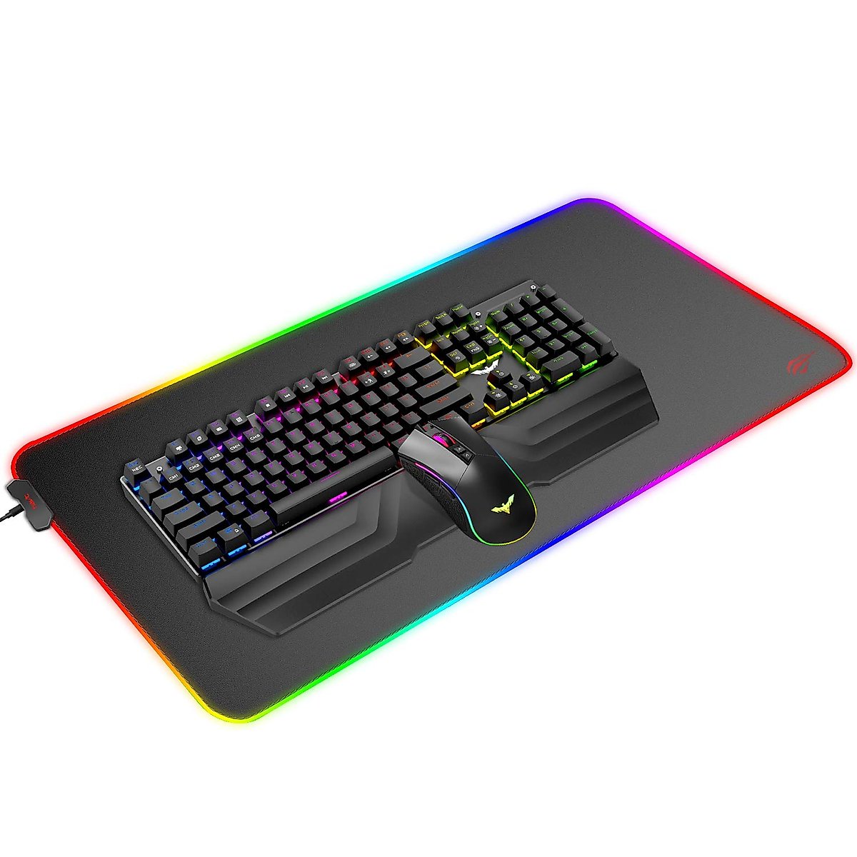 Havit Mechanical Keyboard and Mouse Combo RGB Gaming 104 Keys Blue Switches Wired USB Keyboards with Detachable Wrist Rest, Programmable Mouse, RGB Large Gaming Mouse Pad for PC Gamer Computer Desktop