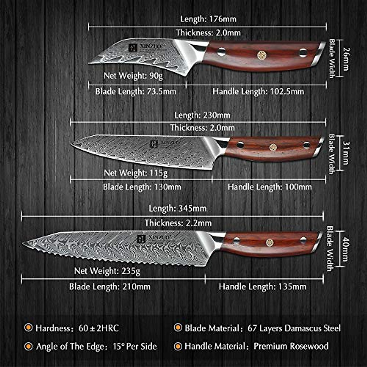 XINZUO 5-Piece Damascus Kitchen Knife Set, 67 Layer High Carbon Stainless Steel Forged Blade,Professional Chef Knife Set with Gift Box,Razor Sharp,Rosewood Handle - Yi Series