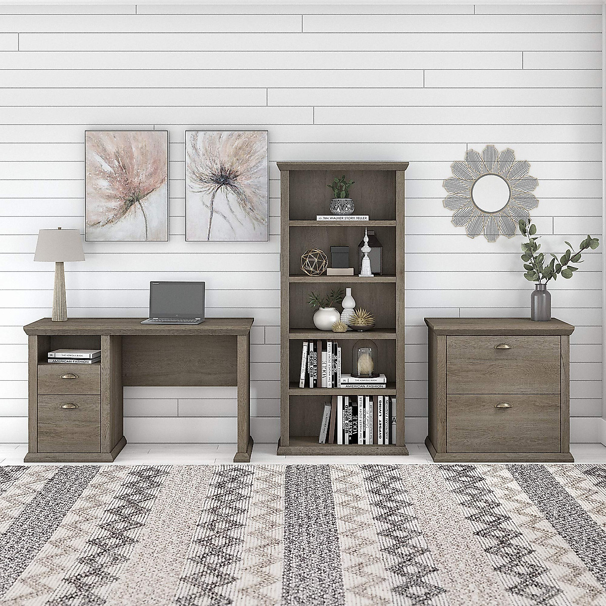 Bush Furniture Yorktown Home Office Desk with Lateral File Cabinet and 5 Shelf Bookcase, 50W, Restored Gray