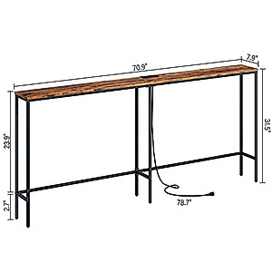 Masupu 70.9 Inch Console Table with Power Outlet,Modern Narrow Long Sofa Table Behind Couch,Skinny Entry Table with Gold Metal Frame for Entryway,Living Room, Hallway,Rustic Brown