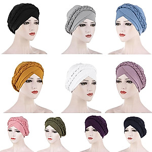 African Women Turban Caps Beanie Twist Headscarf Pre Tied Double Braid Headwrap Hat (White)
