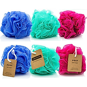 IMPRESA Loofah (Luffa) Mesh Bath & Shower Sponges, Bulk 6-Pack for Adults, Kids - Loofah Sponge - Lufas for Men - Shower Pouf - Lufas for Women
