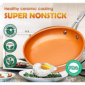Artbros Frying Pan Set, Nonstick Skillet Pan Induction Aluminum Copper Pan with Ceramic Coating and Stainless Steel Handle - 8", 10" and 12"