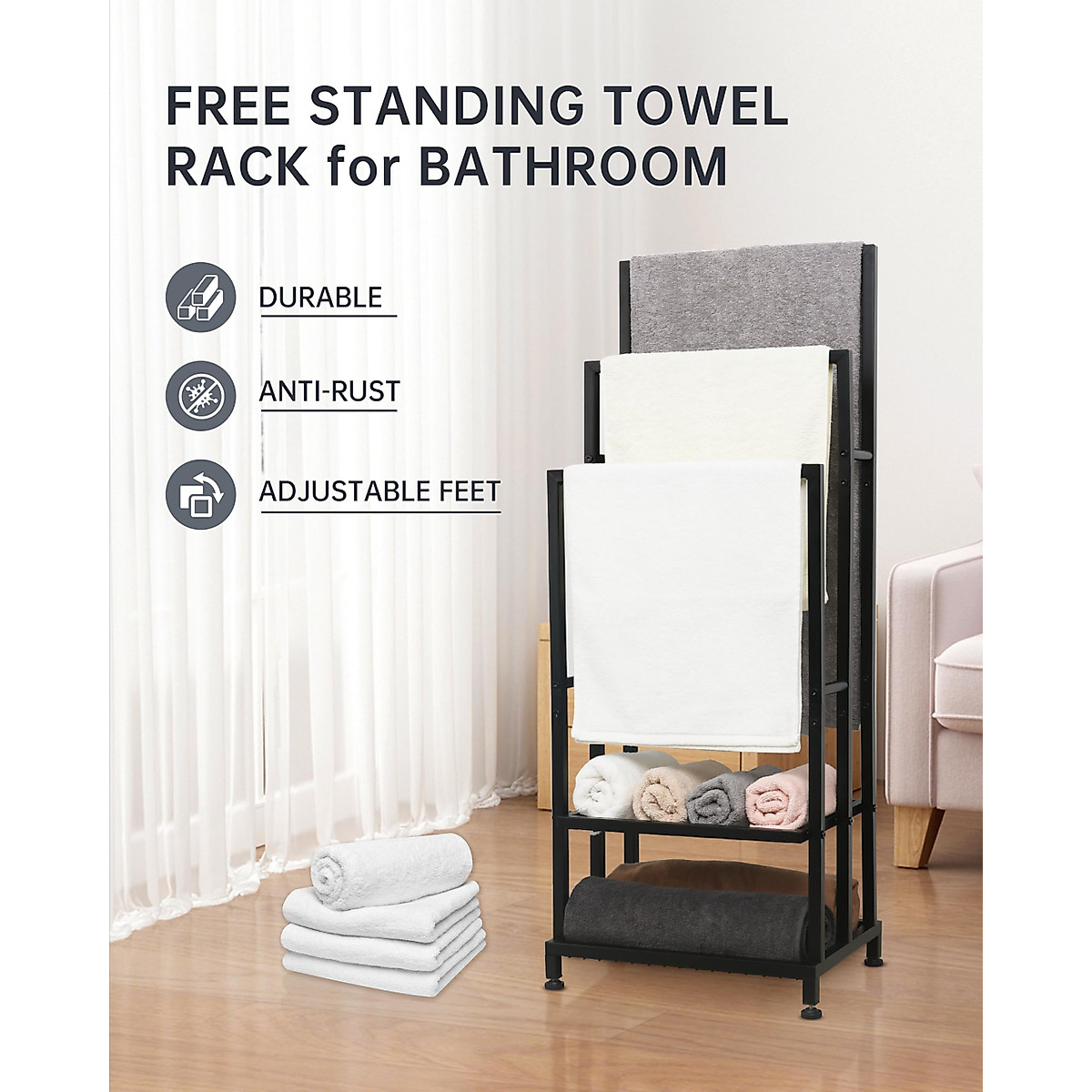 ZOES HOMEWARE 41" H Free Standing Towel Rack for Bathroom | 3 Tier Blanket Rack with 2 Storage Shelves | Anti-Rust Stand Towel Rack for Outdoor,Bathroom,Bath&Pool | Black, 41"x16"x12"