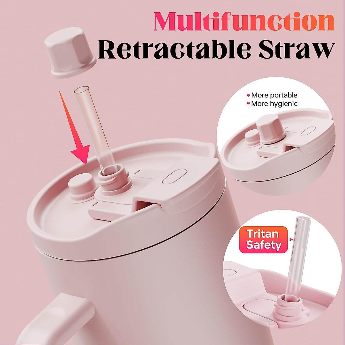 FOHGEE 40oz Tumbler with Handle and Straw Lid【Magnetic lid + Removable built-in straw】100% Leak-proof Travel Coffee Mug, Stainless Steel Insulated Cup, Keeps Cold for 24Hrs (ChillWave Pink Dream)