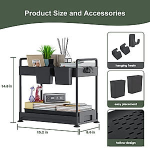 BAYANKHAR Under Sink Organizers and Storage, Multi-purpose Bathroom Organizer Under Sink, 2 Tier Under Kitchen Sink Organizer Sliding Cabinet organizer Basket with Hooks,Hanging Cup,Black,2 Pack