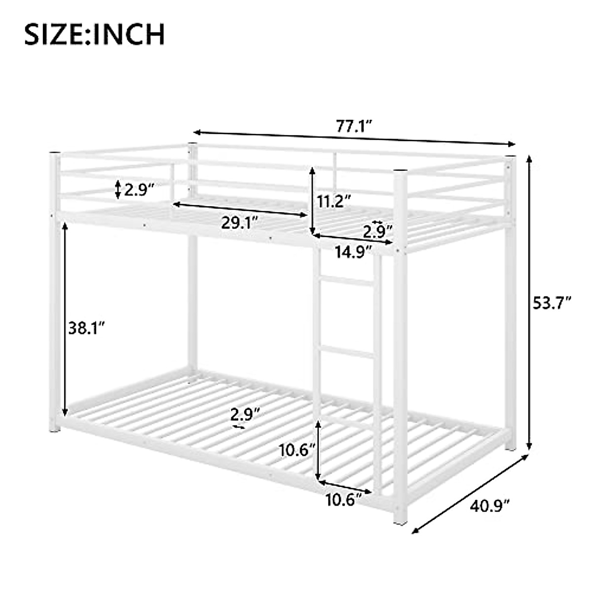 ZJIAH Metal Bunk Bed Twin Over Twin, Low Bunk Bed Frame with Ladder & Guardrail for Teens Adults Dormitory Bedroom, Heavy Duty Metal Bed Frame, Easy Assembly, No Box Spring Required, White
