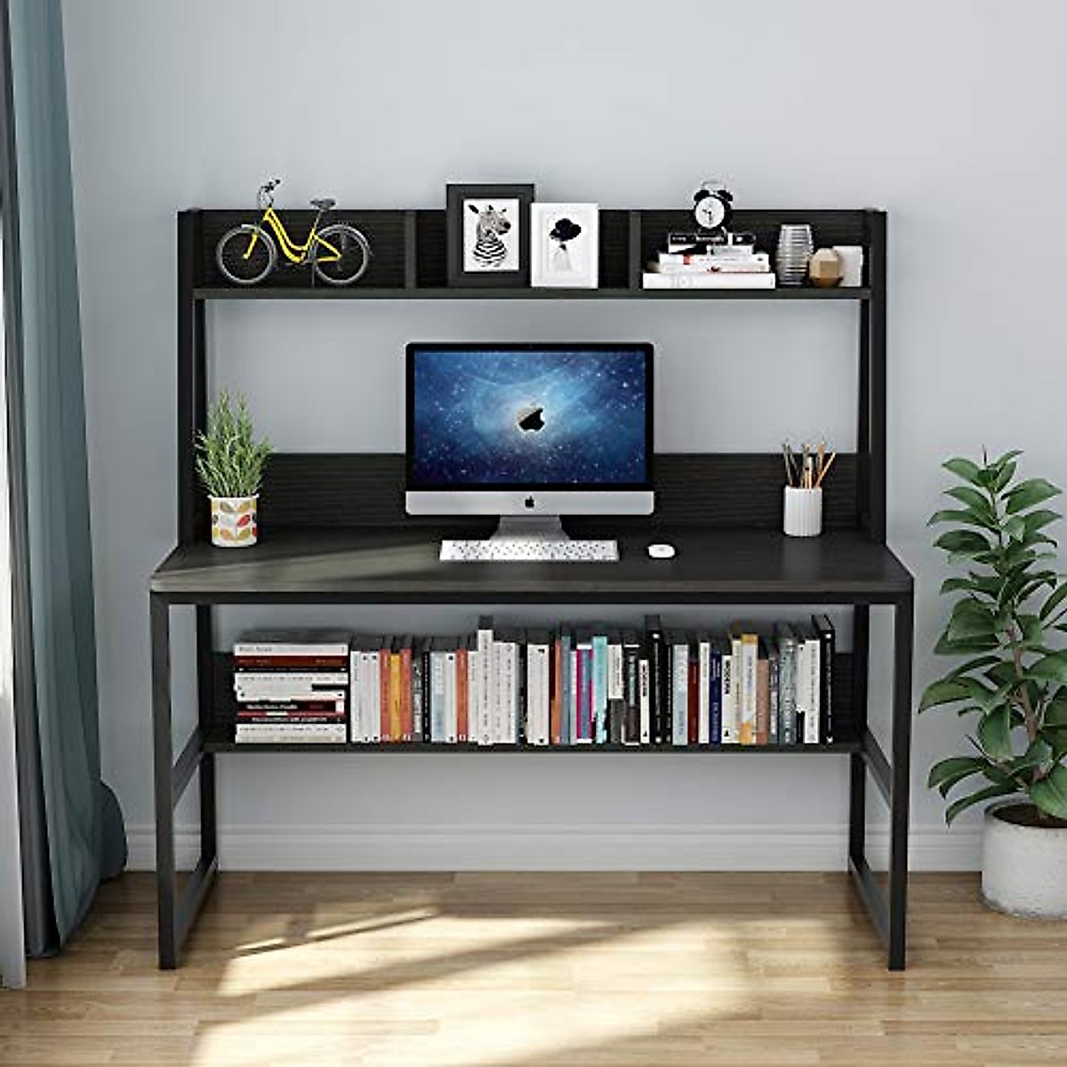 Tribesigns Computer Desk with Hutch,47 inches Home Office Desk with Space Saving Design with Bookshelf for Small Spaces (Black, 47)