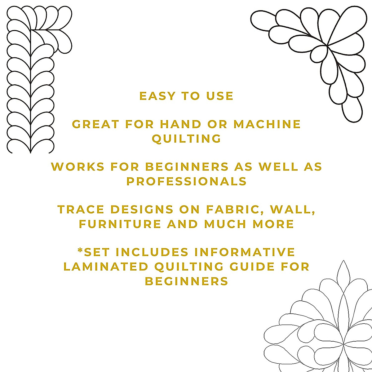 Border and Corner Feather Quilting Stencils - with Square Block Stencil - 3 Quilting Plastic Quilt Stencil Set for Borders, Background, Patterns - for Machine and Hand Quilting - with Guide