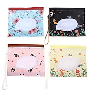 Toyvian Portable Wet Wipe Pouch: 4 Pieces Flower Pattern Wipe Dispenser Container- Refillable Reusable Baby Travel Diaper Wipe Carrying Case Holder
