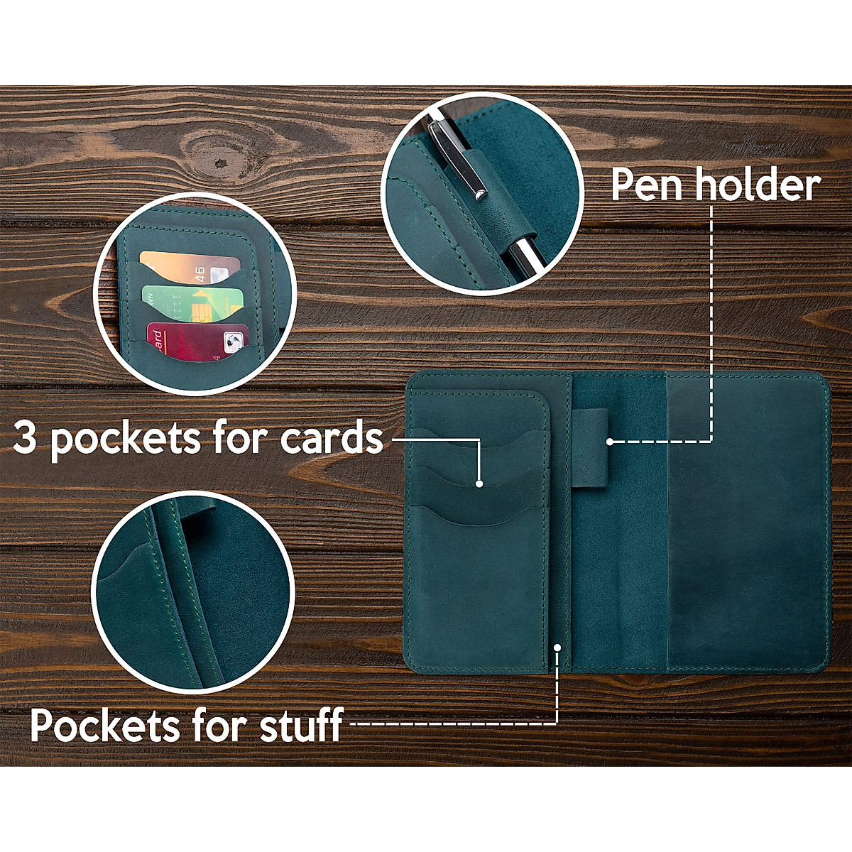 Leather Journal Cover for Moleskine Cahier Notebook Pocket size with pen holder 3.5" x 5.5" Personalized Refillable Cover Compatible with Field Notes