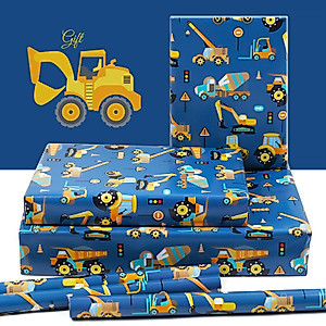 Road Under Construction Excavator Tractor Dump Truck Wrapping Paper for Kids Boys, Birthday Wrapping Paper Construction Design 7 Sheets Folded Flat 20x28 inches per Sheet for Birthday Baby Showers