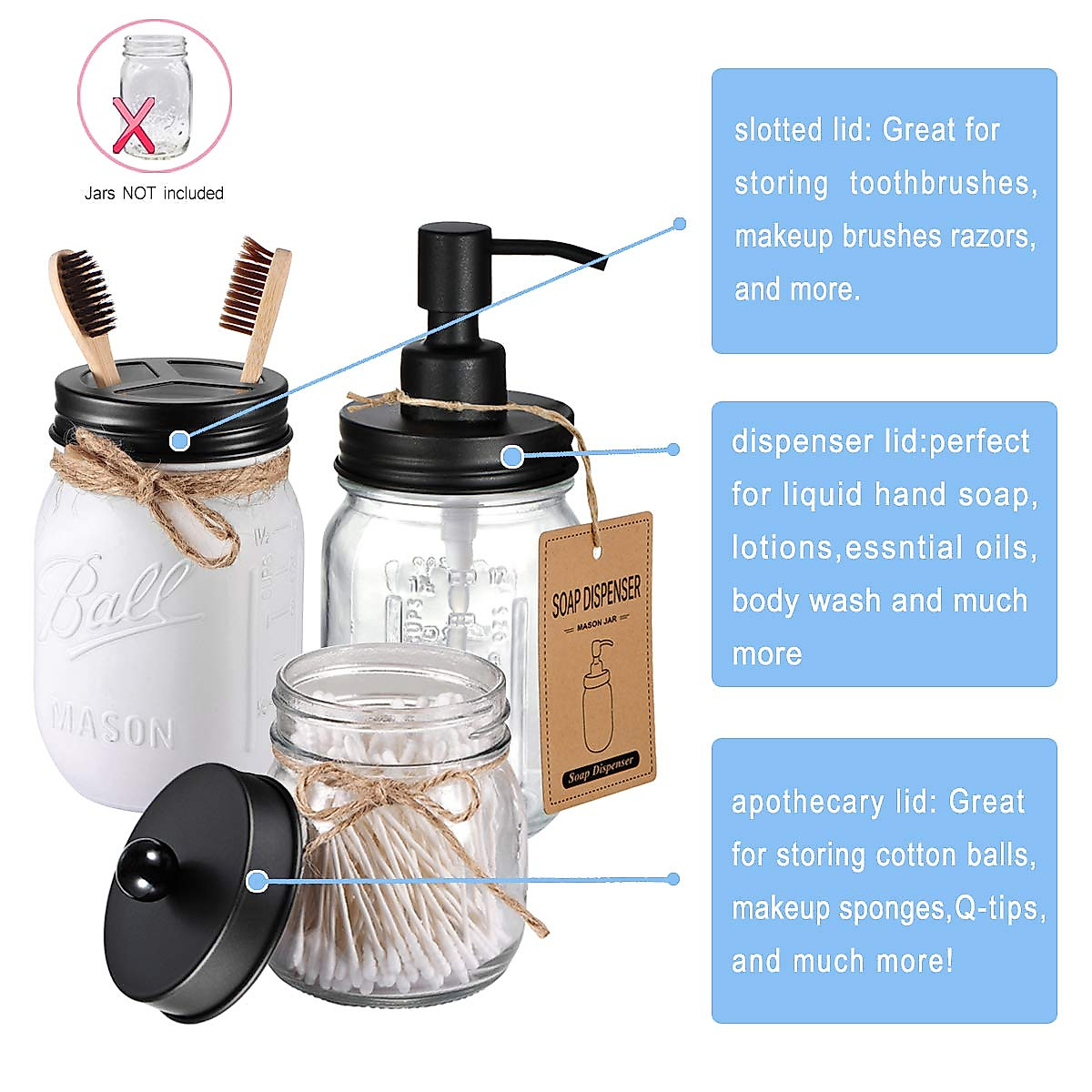 Komashr Mason Jar Bathroom Accessories Lids Set(4pcs) - Jars Not Included - Soap Dispenser,Toothbrush Holder, Apothecary Jars Lids for Regular Mouth Mason Jars - Rustproof Stainless Steel，Black
