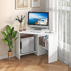 IFANNY Corner Computer Desk, 90 Degrees Triangle Desk w/Shelves & CPU Stand, Compact Corner Vanity Makeup Desk with Storage, Corner Desks for Small Spaces (White)