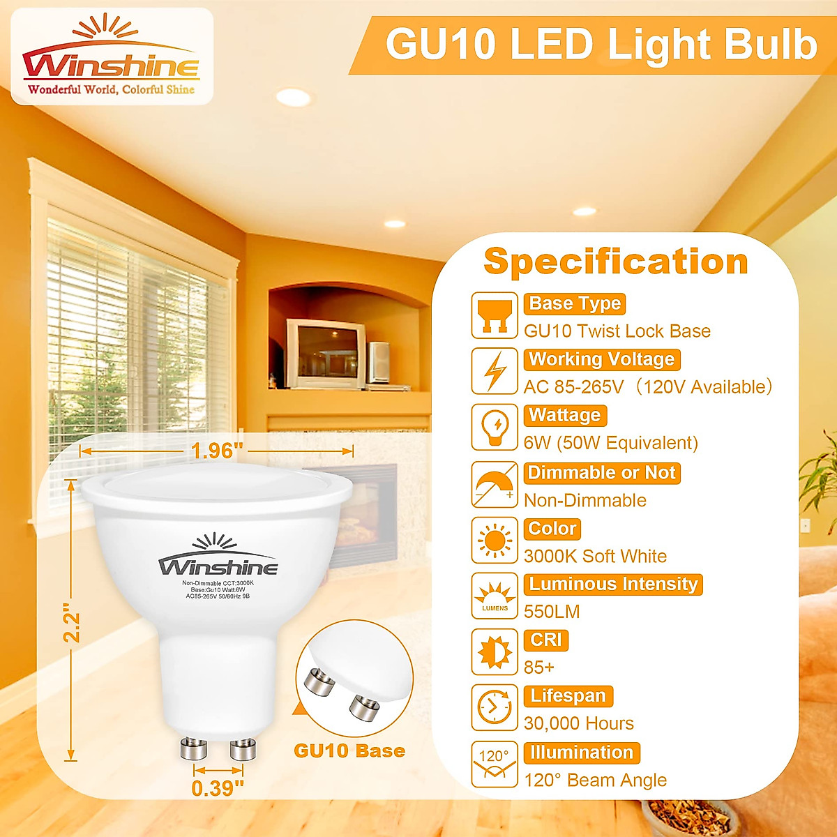 winshine GU10 LED Bulb, 50W Halogen Equivalent Light Bulbs, 3000K Warm White 2 Prong Base GU10 Bulb, LED Halogen Replacement Bulbs for Recessed Track Light 120V 550LM 120 Degree, Non-Dimmable 6 Pack