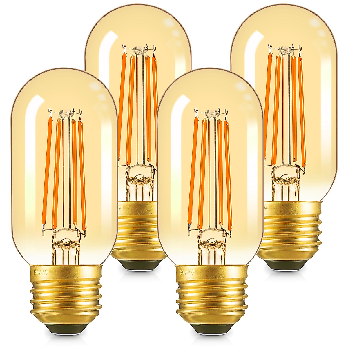 Genixgreen Dimmable E26 LED Bulb 60 Watt Equal 6W Amber Tube Light Bulb, T14/T45 Vintage Filament Edison Bulb for Wall Sconces Ceiling Fan, Pendant Warm White 600Lm,Soft White 2200K,120V 4 Pack