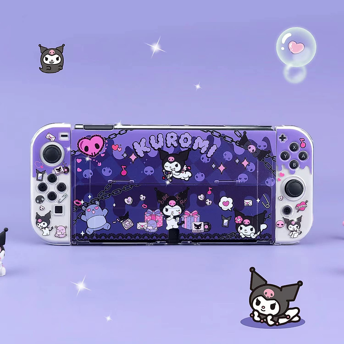 Eamily Cute Kuromi Case Compatible with Nintendo Switch OLED, Dockable Case Cover, Ergonomic Soft TPU Grip Case for Joycon, Sparkle Skin Set