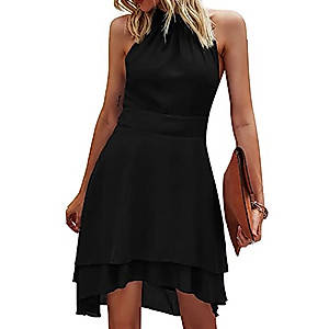 LYANER Women's Halter Sleeveless Pleated Layer Ruffle Hem Elegant Workwear Mini Dress Solid Black Medium