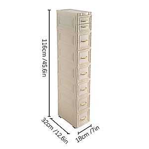 CNCEST 7 Tier Bathroom Floor Cabinet, Vertical Storage Unit with Drawers and Casters, Large Capacity Narrow Tall Slim Storage Tower, Waterproof Toilet Paper Storage Cabinet for Small Spaces Gaps