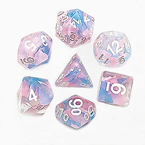 DND Polyhedral Dice RPG Dice for Dungeons and Dragons,Pathfinder,MTG,D&D Role Playing Game,Pink Blue Flower Transparent Dice Set,with Grey Waterproof Bag