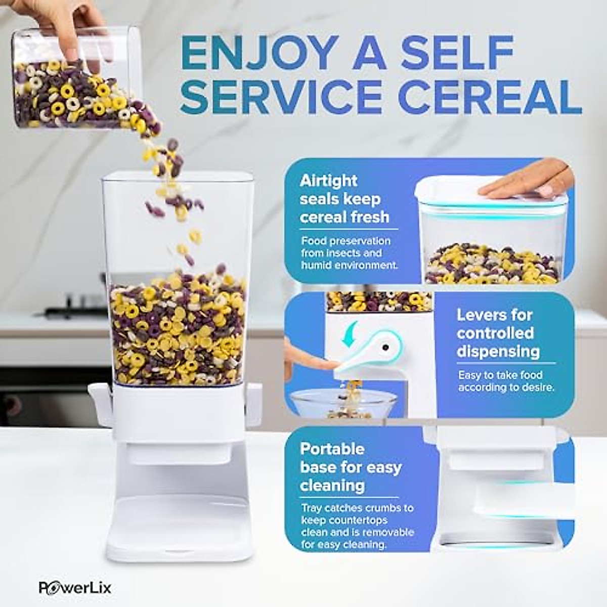 POWERLIX 2pc Cereal Dispenser Countertop (5.5 L), Cereal Storage Container, Organization Container for Kitchen, Food Dispenser for Rice, Pasta, Grains, Nuts, Candies, Oatmeal, Snacks (White)