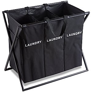 Laundry Basket Hapmer 3 Section Foldable Dirty Clothes Hamper, 24 x 12 x 20.5 inches Laundry Sorter for Bathroom Laundry Room Organization