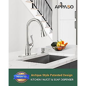 APPASO Patented Kitchen Faucet with Pull Down Sprayer and Soap Dispenser - Single Handle Stainless Steel Brushed Nickel High Arc Pull Out Kitchen Sink Faucets with Deck Plate