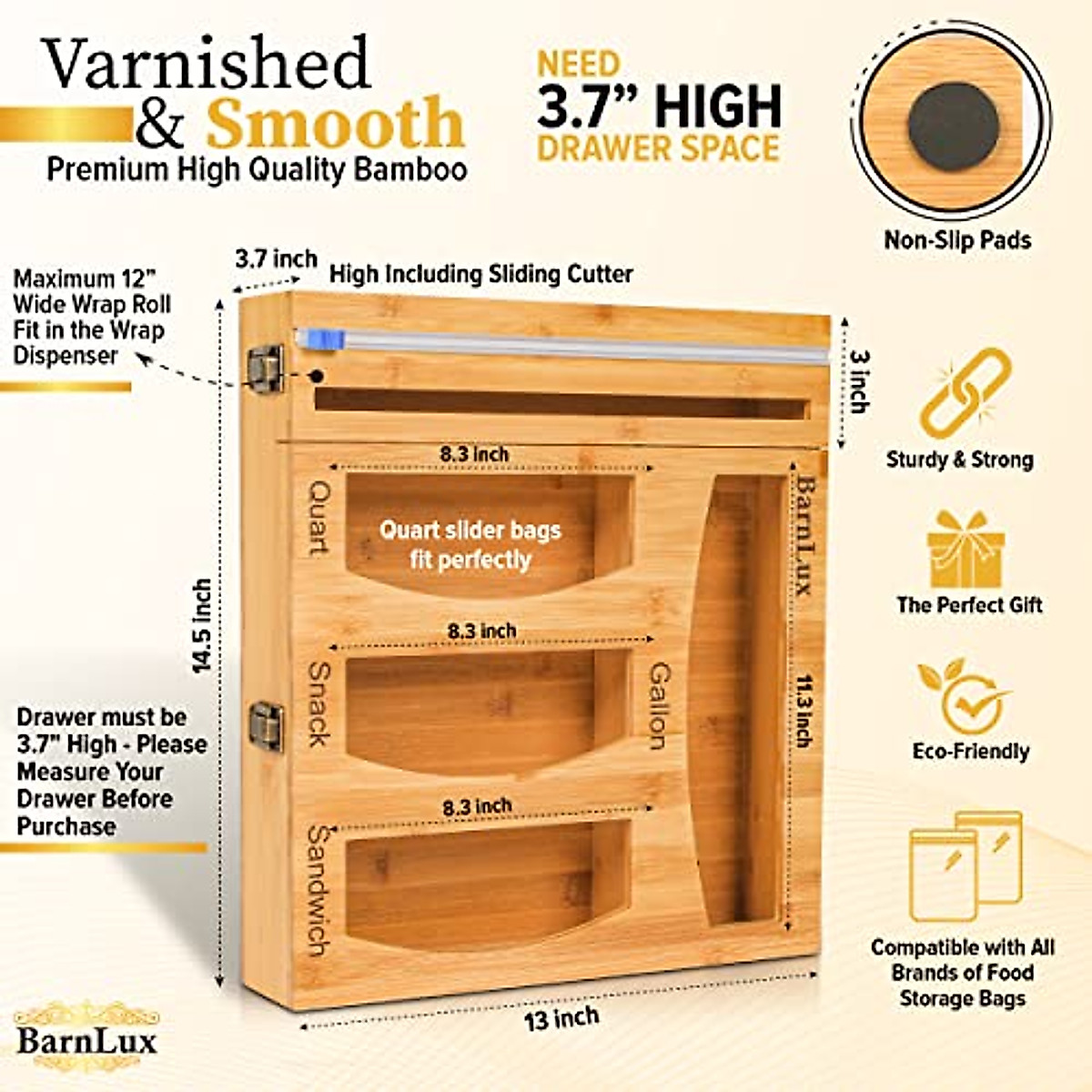 BarnLux 5 in1 Ziplock Bag Storage Organizer & Wrap Dispenser with Cutter - Premium Bamboo Baggie Organizer for Drawer, Anti-Cushion Bottom, Wall Mounted, Varnished Surface, 1 Box,13" x 14.5" x 3.7"