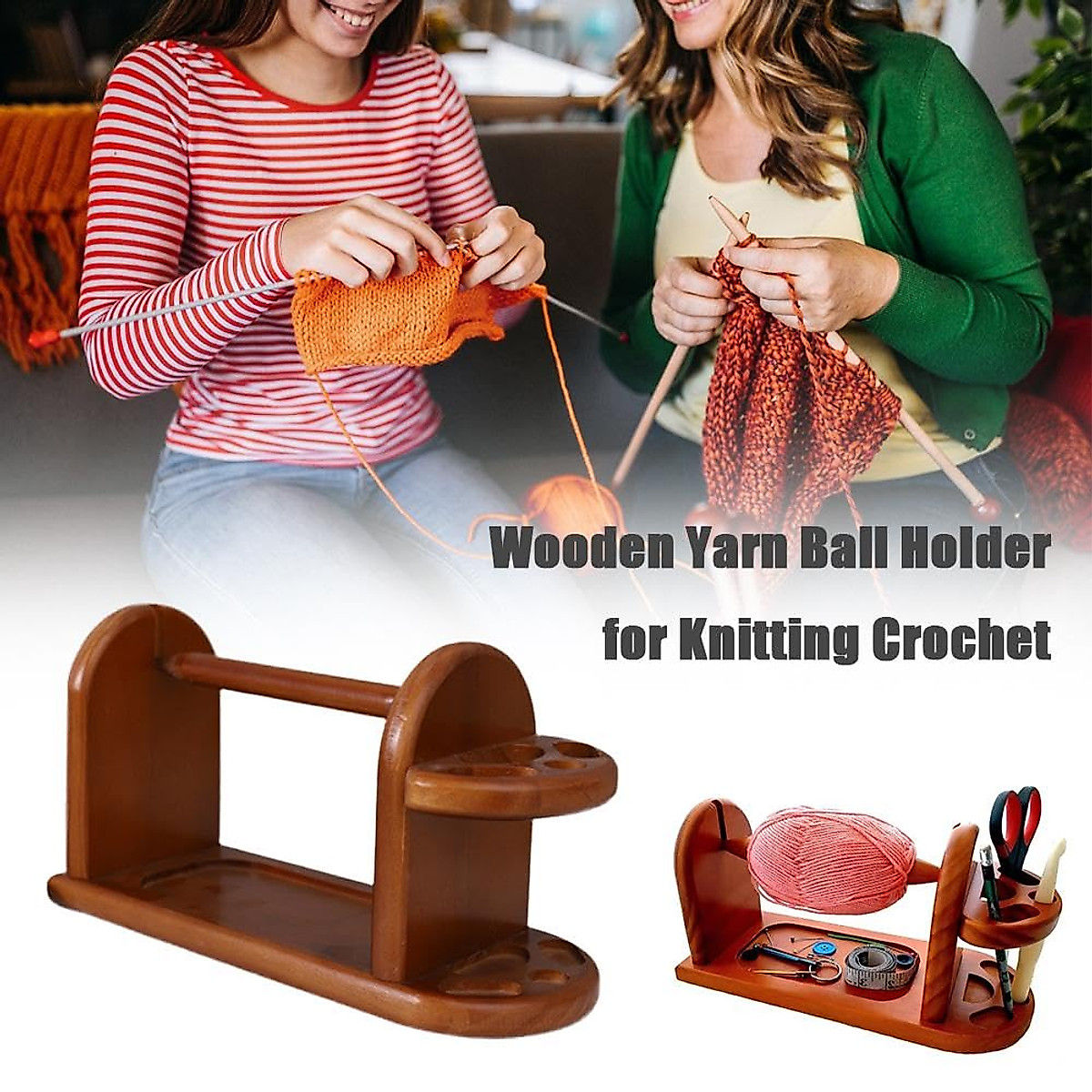 RYGRZJ Wooden Yarn Holder for Knitting Crochet,Wooden Yarn Holder Spinner Wool Yarn Holder,Stable Yarn Ball Dispenser,Yarn Rack Stand with Slots,Crochet Gift for Knitting Lovers(Wooden)