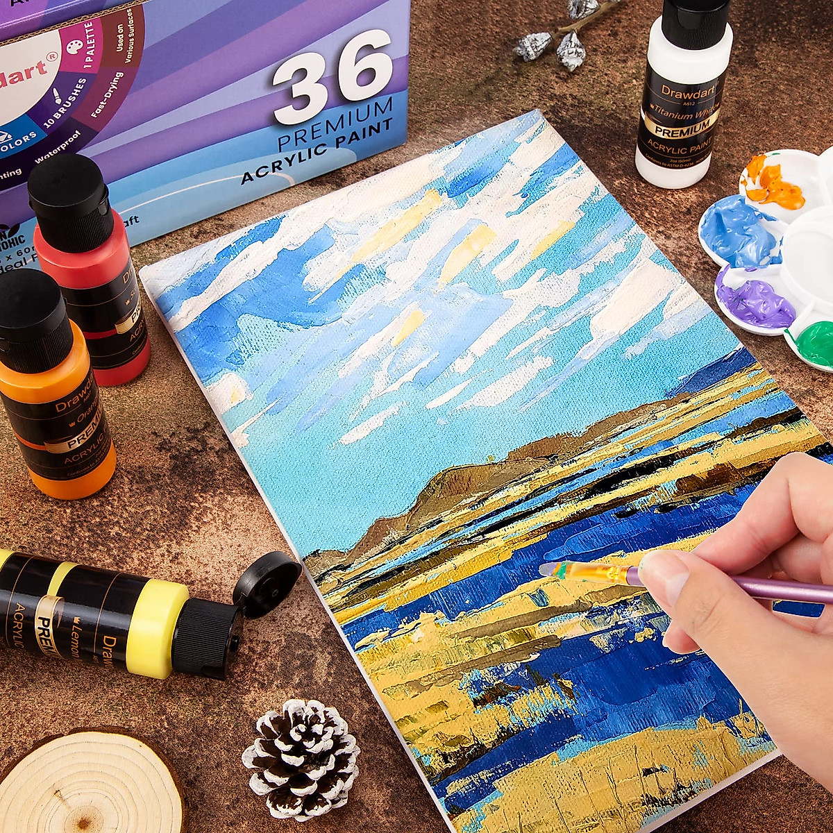 Drawdart 47 Pack Acrylic Paint Set, 36 Colors Art Painting Supplies for Canvas Wood Fabric Ceramic Crafts, Non Toxic & Rich Pigments for Artists & Hobby Painters, 2 fl oz / 60 ml Bottles