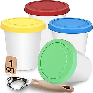 4 Pack Ice Cream Container Set (1 Quart Each) - Reusable Ice Cream Freezer Storage Tubs with Silicone Lids and an Ice Cream Scoop for Homemade Ice Cream, Sorbet and Gelato, Dishwasher Safe, BPA Free
