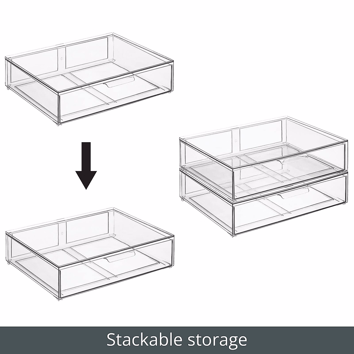 mDesign Wide Plastic Stackable Bathroom Storage Organizer Bin with Pull Out Drawer for Cabinet, Vanity, Shelf, Cupboard, Cabinet, Countertop, or Closet Organization - Lumiere Collection - Clear