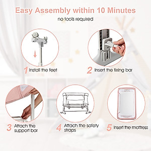 INFANS 3 in 1 Baby Bassinet, Bedside Sleeper for Newborn, Folding Crib with Mattress, Travel Bag, Wheels, 4-Sided Mesh, Easy to Assemble Cradle Co Sleeper Stationary, Rock (Pink)