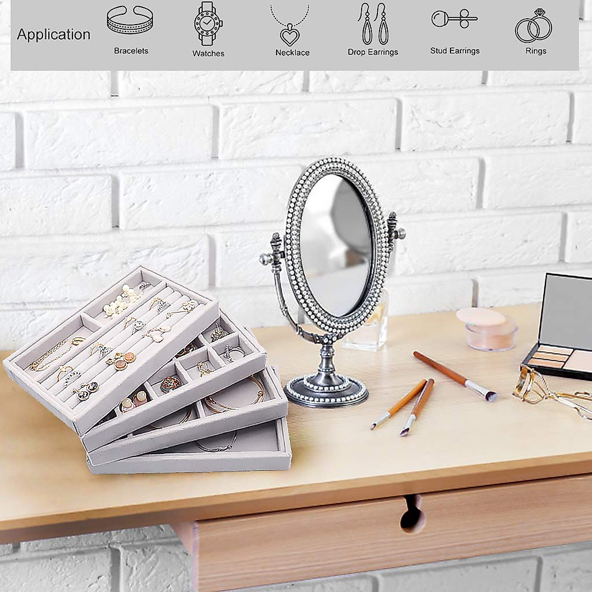 MINGRI Jewelry Organizer Trays,Earring Holder Tray Stackable Velvet Drawer Organizer Tray for Necklace,Ring,Bracelet Brooch Watch,Jewelry Storage Display Case Insert for Women Girls Set of 4 (Gray)