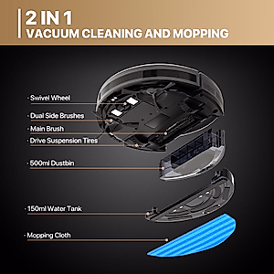 mollie Robot Vacuum and Mop with Wi-Fi/App, Automatic Self-Charging Robotic Vacuum Cleaner, 2800Pa Suction, Slim, Good for Hard Floors Carpets, Black