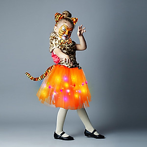 Retisee 4 Pcs Tiger Costume Set Includes Tiger Ears Headband, Tiger Tail, LED Orange Tutu Skirt and Bow Tie for Kids Halloween Cosplay Glow in the Dark Animal Fancy Costume Party