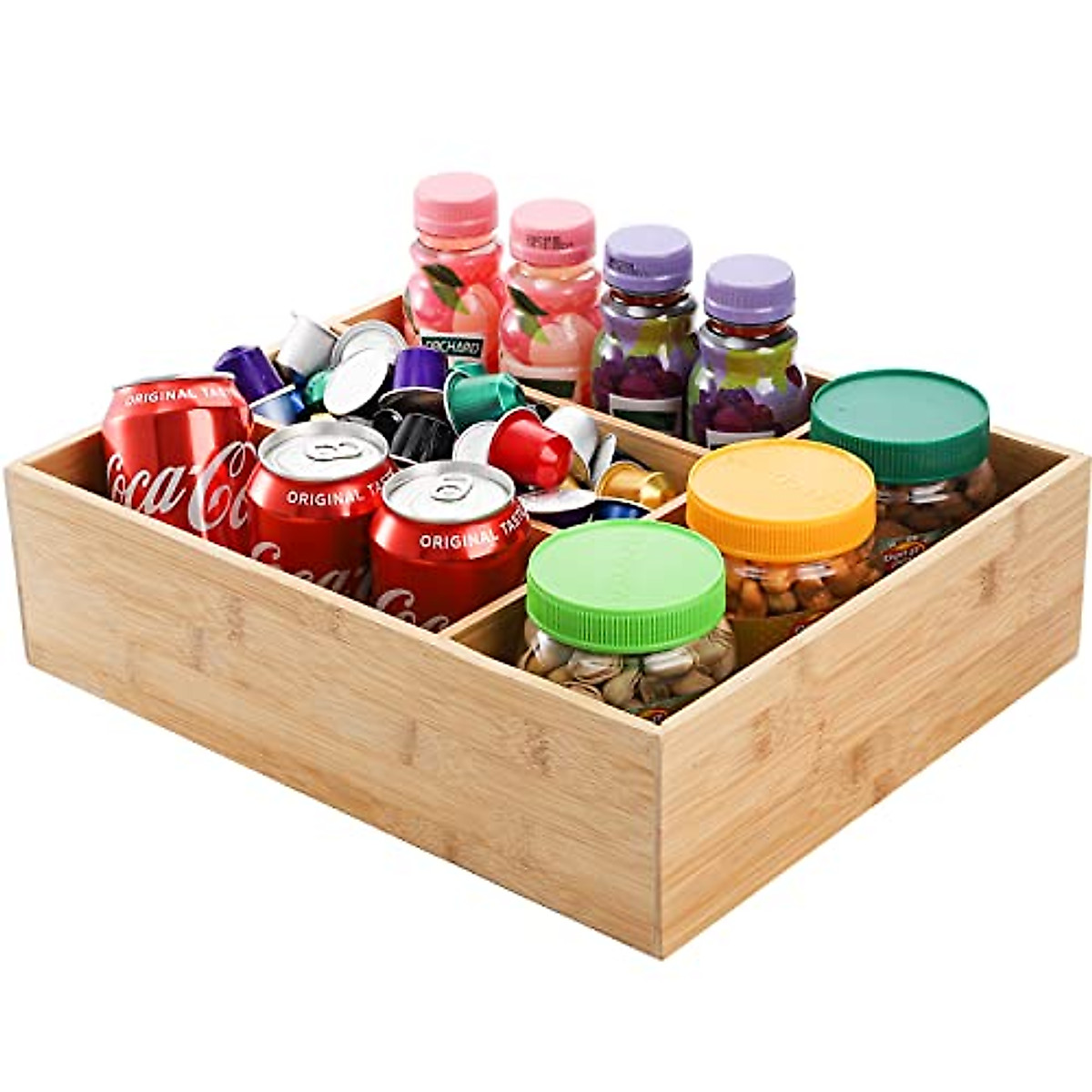 DEAYOU Bamboo Organizer Bin, 100% Bamboo Divided Storage Box, 4-Compartments Cutlery Tray Desktop Holder for Kitchen, Coffee Sugar Tea Bags, Seasoning Spice Packet Pouch, Food, Snack, Shelf, Open Top