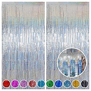 Melsan Foil Curtain, 2 Pack 3.2 ft x 8.2 ft Tinsel Foil Fringe Curtains Backdrop, Sparkle Metallic Foil Curtains for Party Photo Booth Props Decoration, Silver