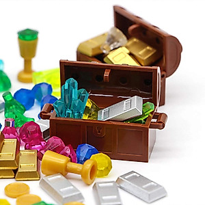Feleph Treasure Accessories Money Building Blocks Set Jewel Chest, Gems Diamonds, Bullion Gold Tile Silver Bar, Power Crystals, Coins, Goblet, 100 Dollar Bill Cash Toy Brick