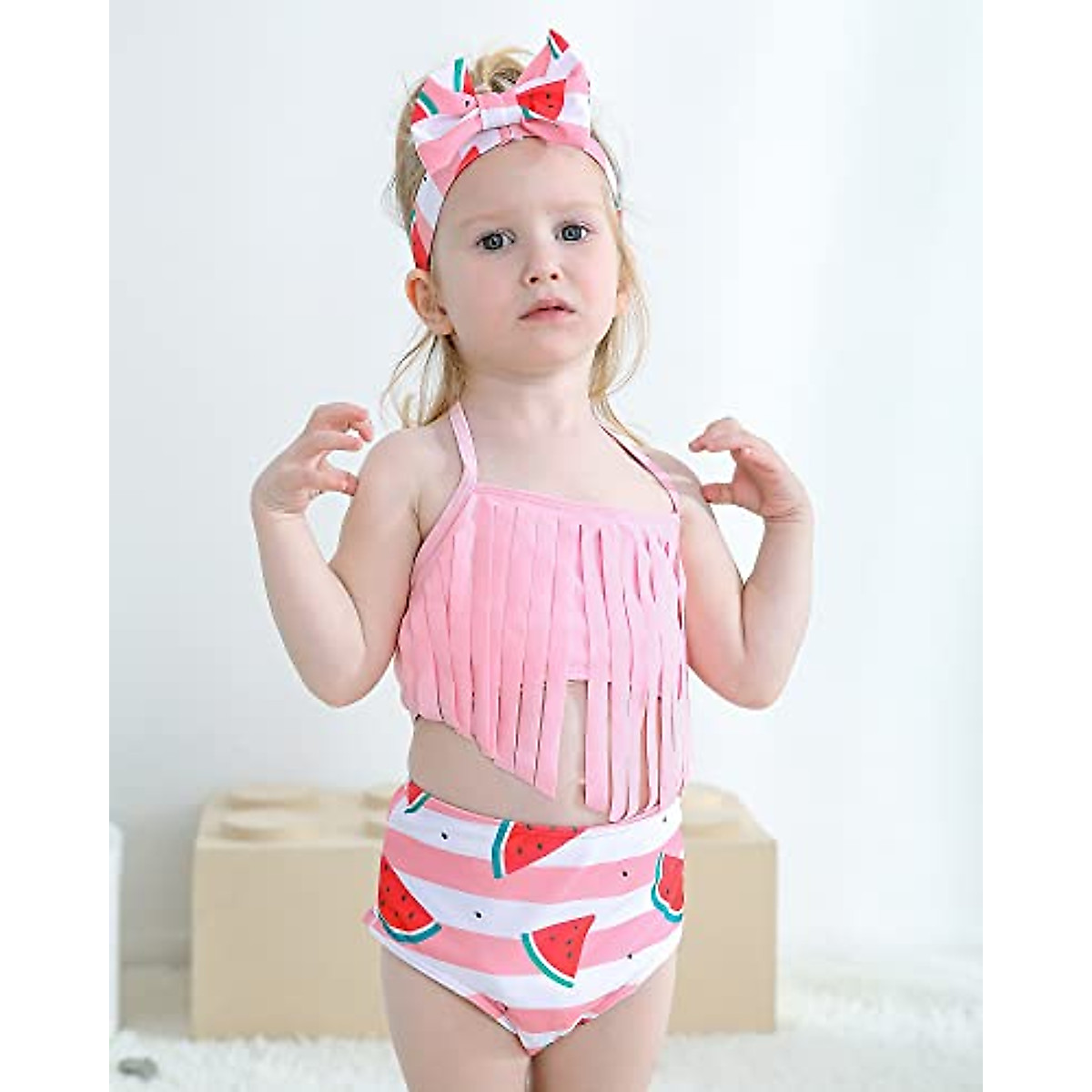 4T Toddler Girl Swimsuit Little Kids Triangle Bikini Tassel Halter Tankini Top 2pc Watermelon Bathing Suit 4T 5T Swimsuit for Girls Light Pink
